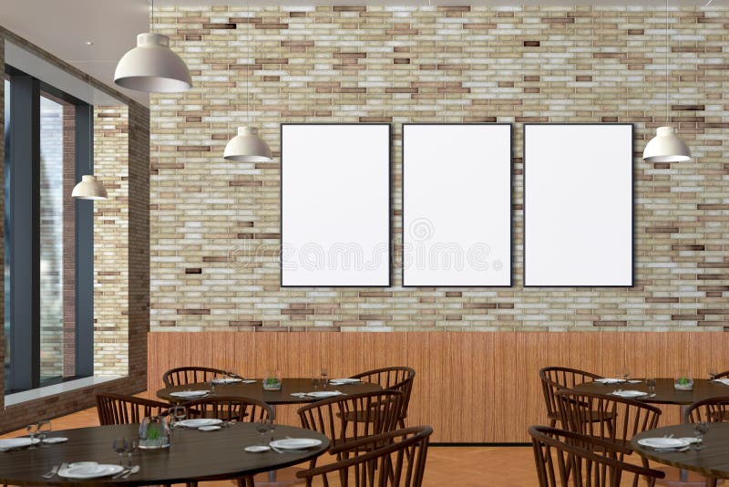 Modern Restaurant Interior with Served Tables and Blank Poster Stock ...
