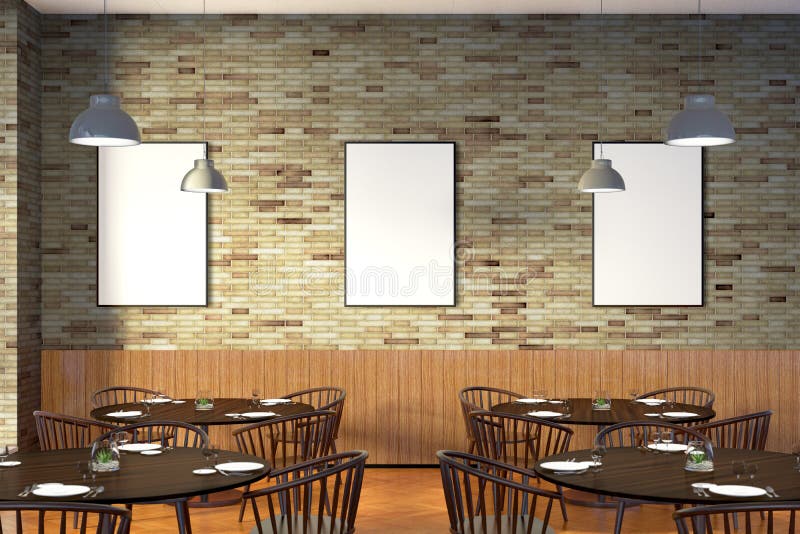 Modern Restaurant Interior with Served Tables and Blank Poster Stock ...