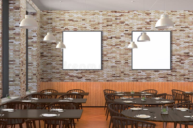 Modern Restaurant Interior with Served Tables and Blank Poster Stock ...