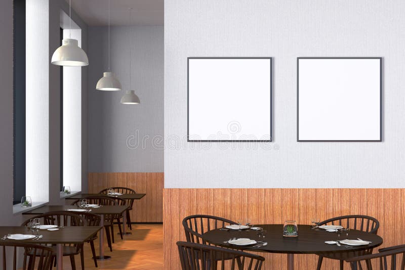 Modern Restaurant Interior with Served Tables and Blank Poster Stock ...