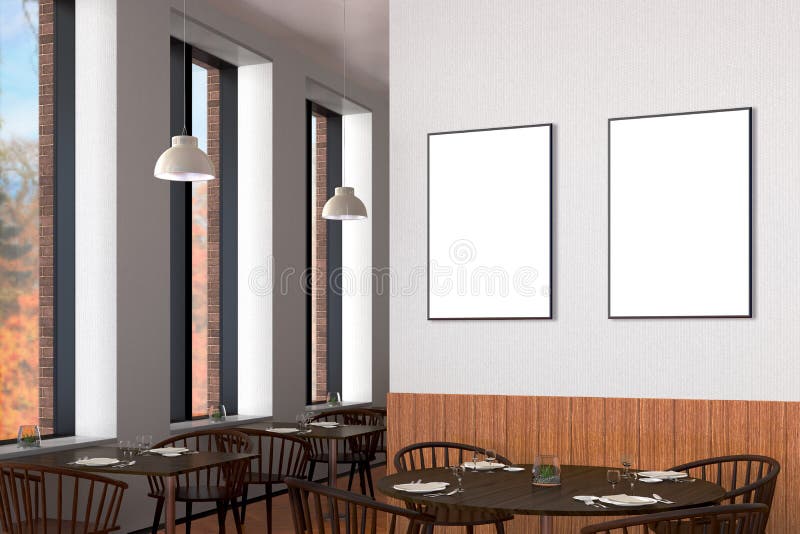 Modern Restaurant Interior with Served Tables and Blank Poster Stock ...