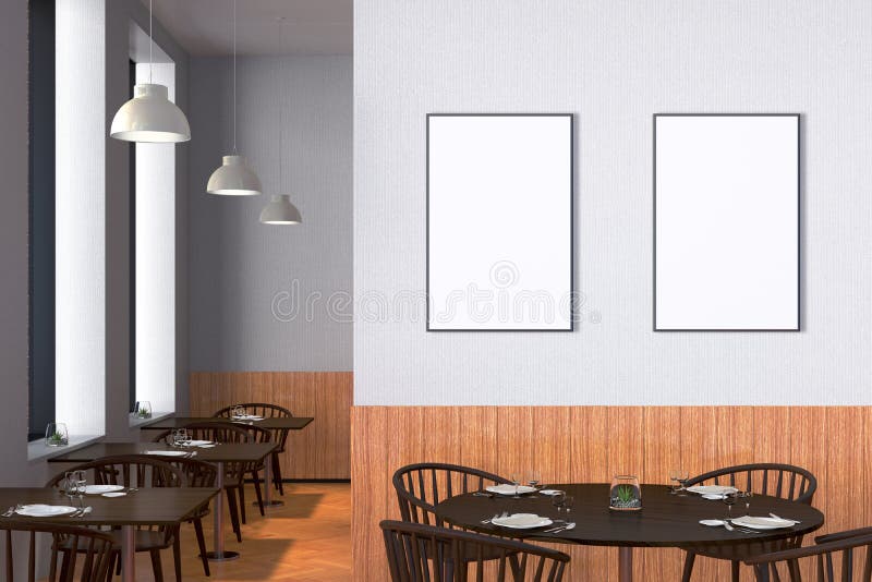 Modern Restaurant Interior with Served Tables and Blank Poster Stock ...