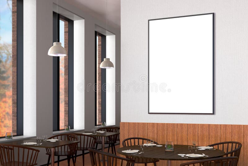 Modern Restaurant Interior with Served Tables and Blank Poster Stock ...