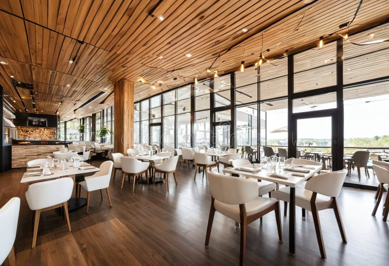 Modern Restaurant Interior with Wooden Ceiling, White Chairs, and Large ...