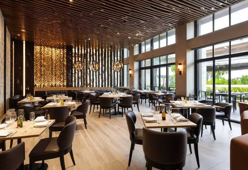 Modern Restaurant Interior with Wooden Ceiling, White Chairs, and Large ...