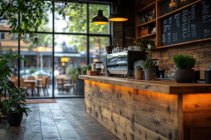 Modern Restaurant Interior Wooden Counter Featuring Various Plants ...