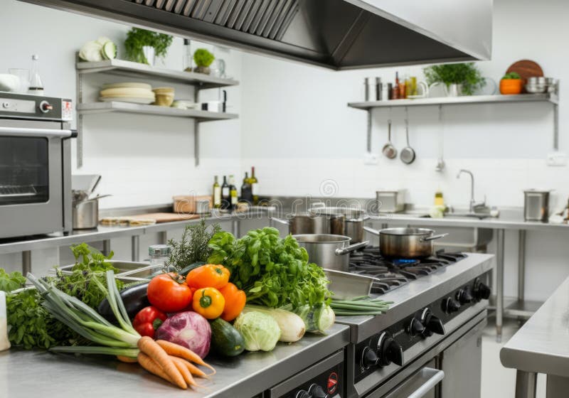 Modern Restaurant Kitchen with Fresh Vegetables on Stainless Steel ...