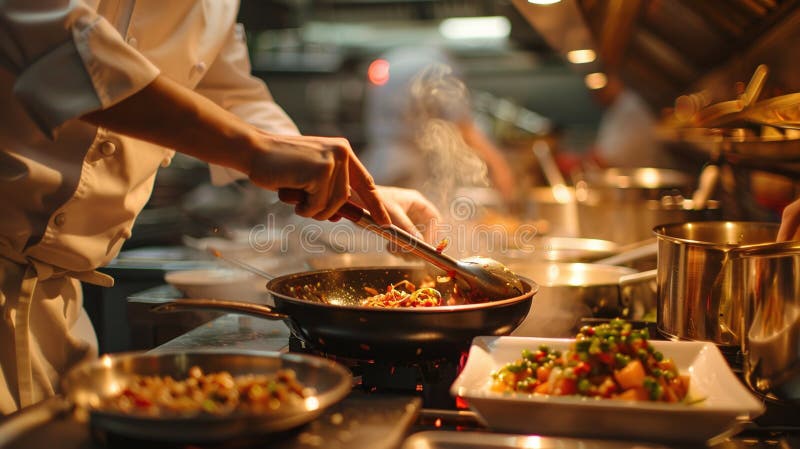 Modern Restaurant Kitchen Interior with Chefs Preparing Food during ...