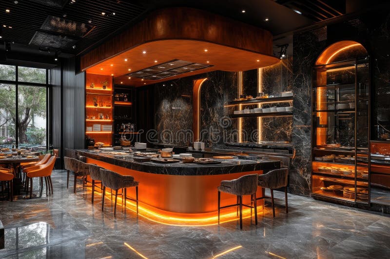 Modern Restaurant Kitchen Interior Design with Orange Led Lighting ...