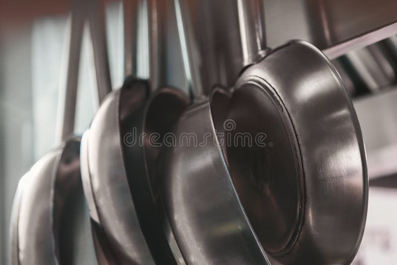 Modern Restaurant Kitchen Interior with Frying Pans Stock Image - Image ...