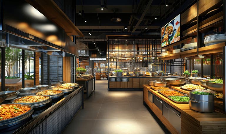 Modern Restaurant Kitchen with Vibrant Buffet Display and Sleek Design ...