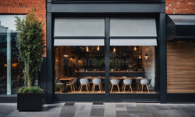 A Modern Restaurant with Large Windows and a Plant in a Pot Outside ...
