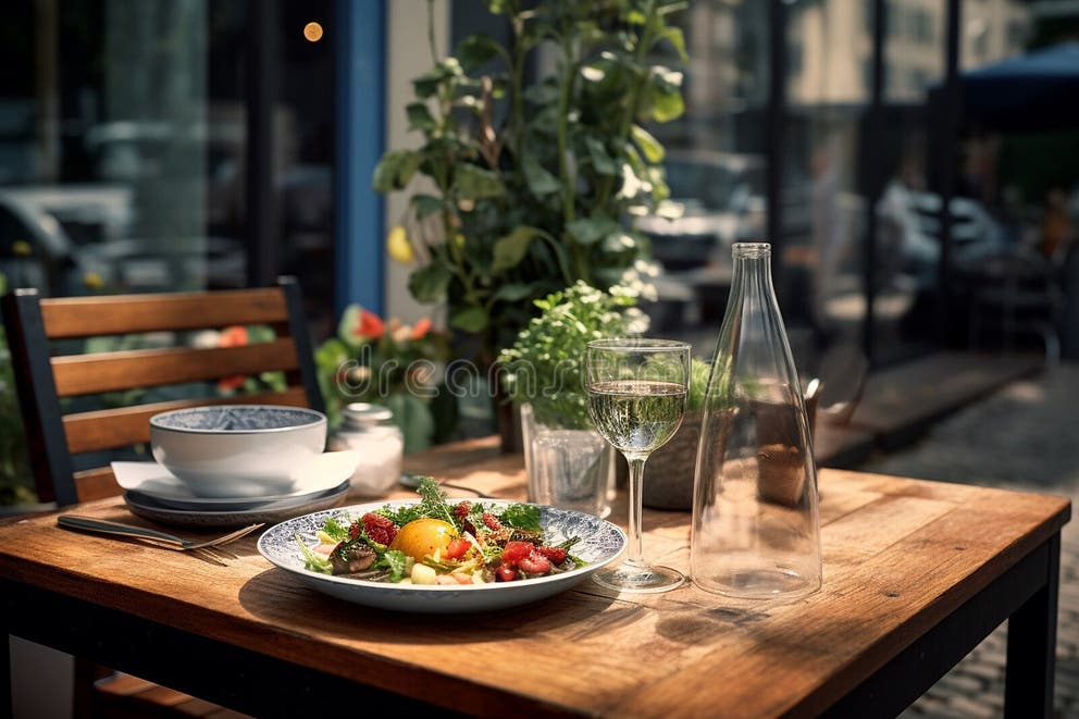 Modern Restaurant with Outdoor Table Setup Stock Illustration ...