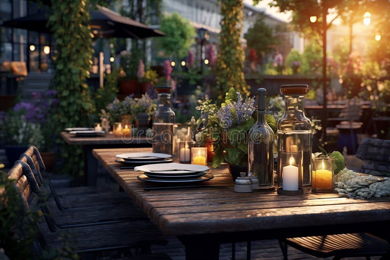Modern Restaurant with Outdoor Table Setup Stock Illustration ...