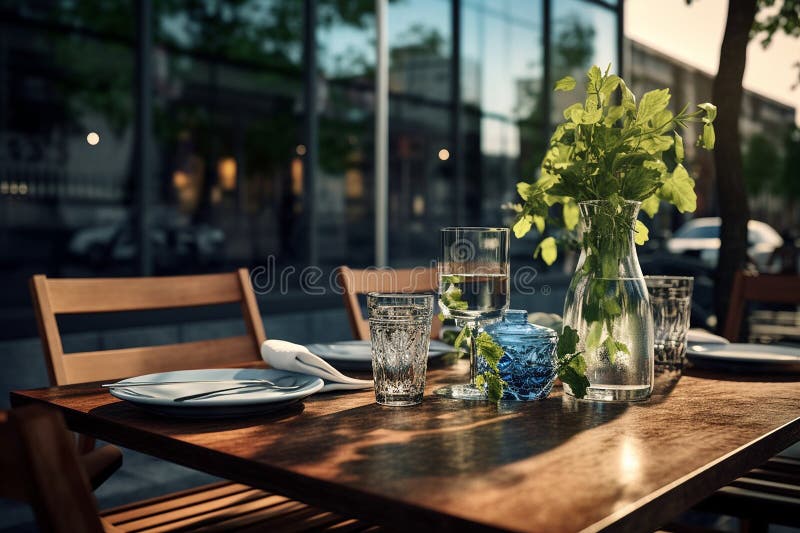 Modern Restaurant with Outdoor Table Setup Stock Illustration ...