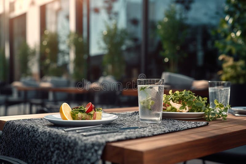 Modern Restaurant with Outdoor Table Setup Stock Illustration ...