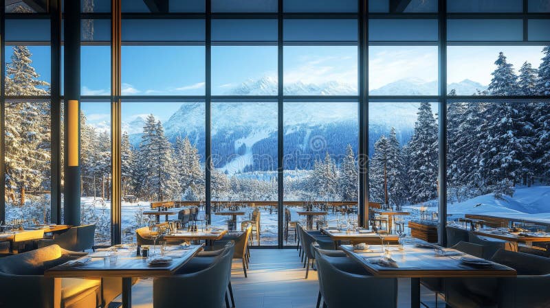 Modern Restaurant with Panoramic Winter Mountain View Stock ...