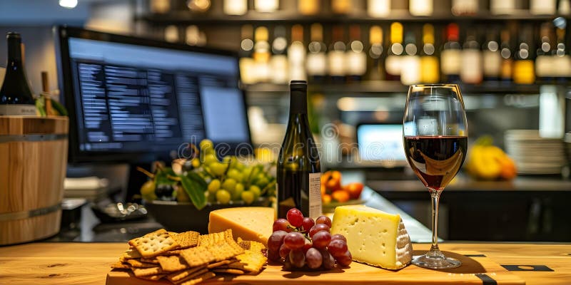 Modern Restaurant Setting with Cheese Snacks Wine and a Computer ...