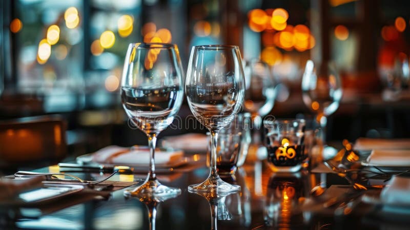 Modern Restaurant Table with Wine Glasses and Warm Ambient Lighting ...