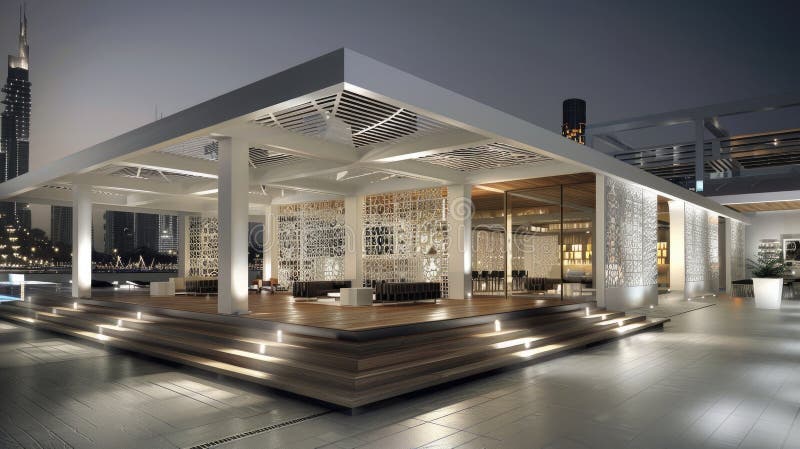 A Modern Restaurant Terrace with Illuminated Steps at Night in Dubai ...