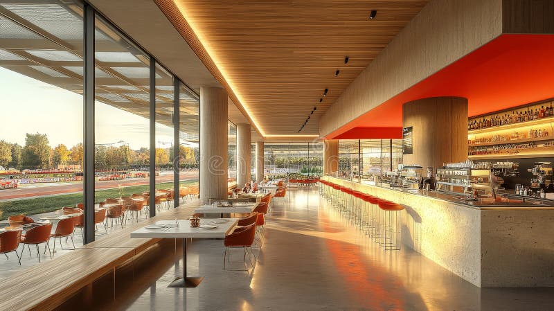 Modern Restaurant with Track View Stock Illustration - Illustration of ...