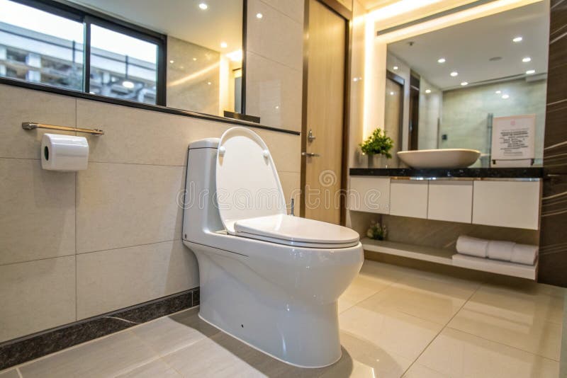 Modern Interior of Restroom with Ceramic Toilet Bowl Stock Illustration ...