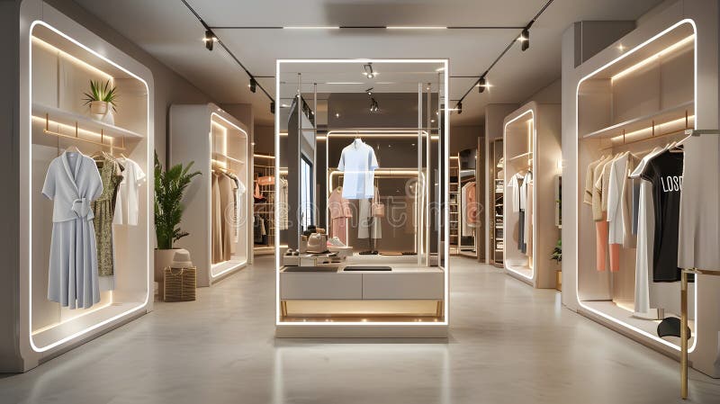 Modern Retail Store with AR Mirrors and Stylish Displays Stock ...
