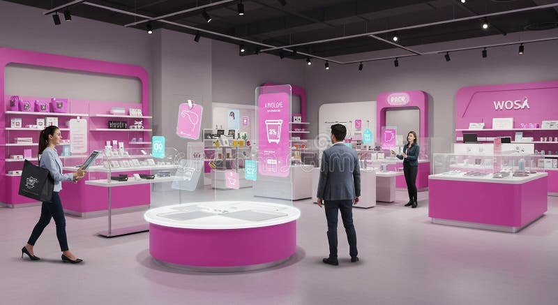 A Modern Retail Store Features a Futuristic Design with Interactive ...