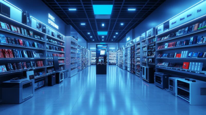 A Modern Retail Store with Neon Blue Lighting and Rows of Products ...