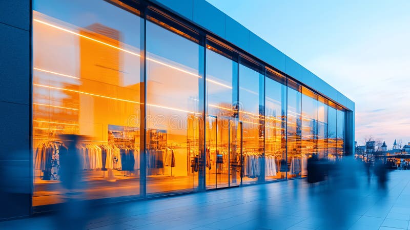 Modern Retail Storefront with Large Glass Windows at Sunset Stock Photo ...