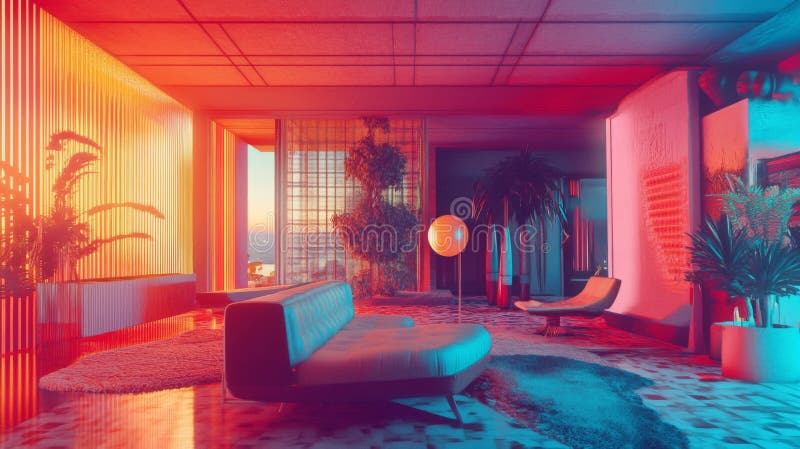 Modern Retro Apartment Interior with Neon Lights and City View Stock ...