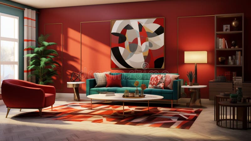 A Modern Retro Living Room Concept Featuring Ruby-colored Accent Walls ...