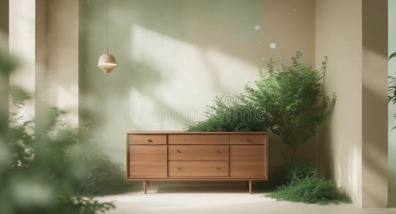 Modern Retro Living Room with Wooden Commode and Greenery Stock Image ...