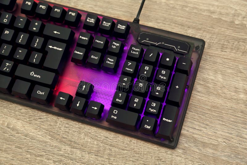 Modern RGB Keyboard on Wooden Table, Above View Stock Photo - Image of ...