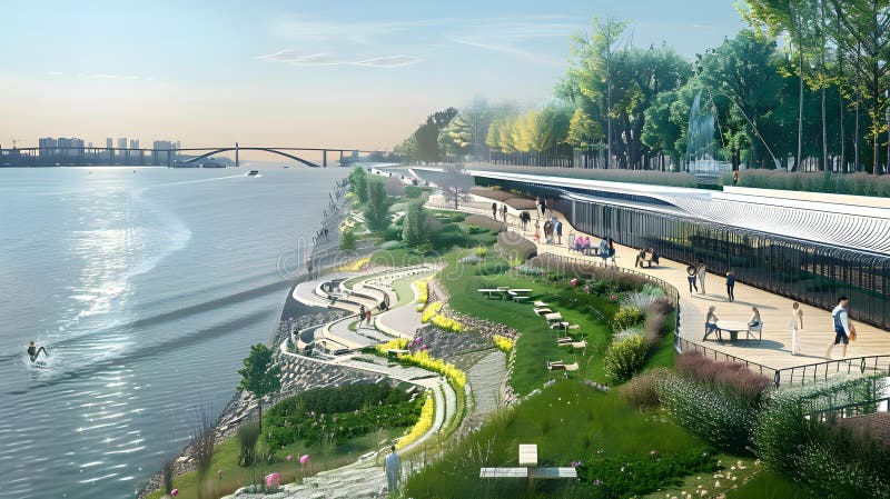 Modern Riverfront Park Landscape Rendering Generative AI Stock ...