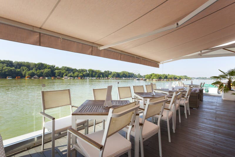 Modern Riverside Cafe Terrace in the Morning Stock Image - Image of ...
