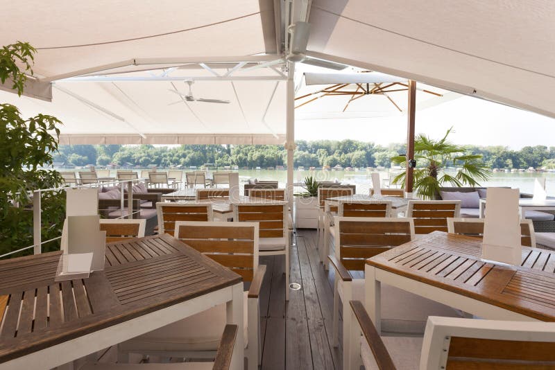 Modern Riverside Cafe Terrace in the Morning Stock Photo - Image of ...