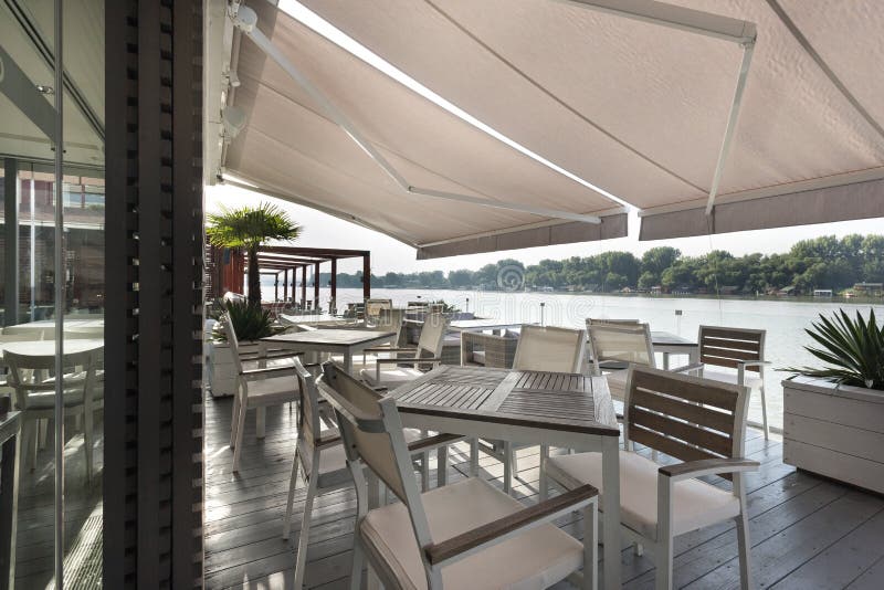 Modern Riverside Cafe Terrace in the Morning Stock Photo - Image of ...