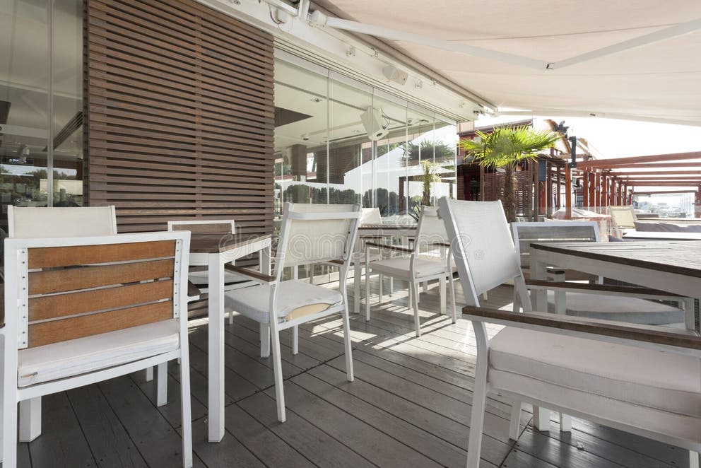 Modern Riverside Cafe Terrace in the Morning Stock Image - Image of ...