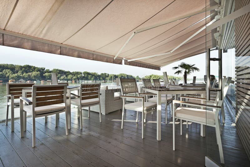 Modern Riverside Cafe Terrace in the Morning Stock Photo - Image of ...
