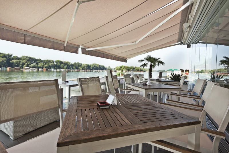 Modern Riverside Cafe Terrace in the Morning Stock Image - Image of ...