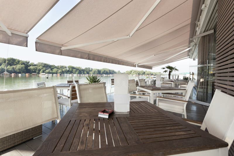 Modern Riverside Cafe Terrace in the Morning Stock Image - Image of ...