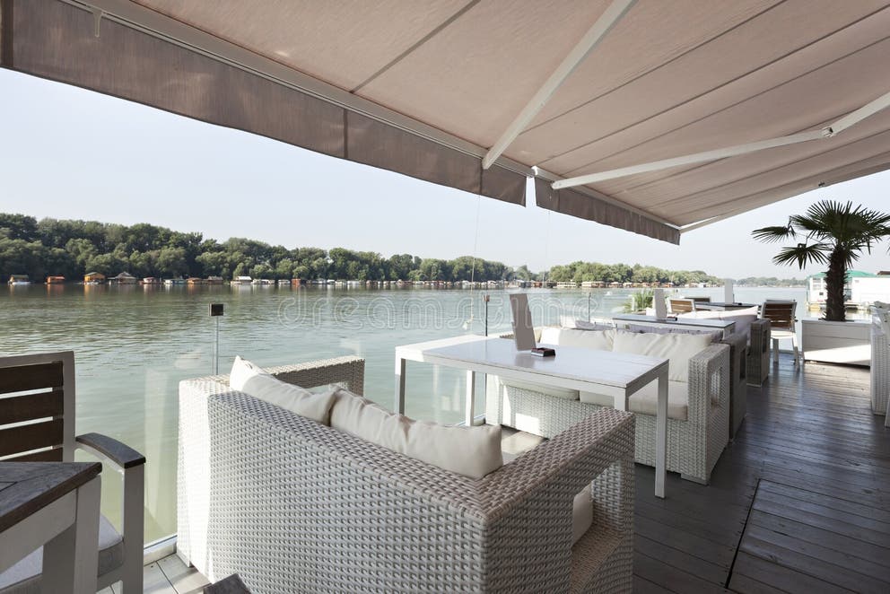 Modern Riverside Cafe Terrace in the Morning Stock Photo - Image of ...