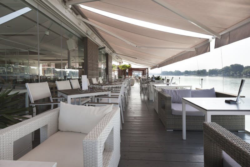 Modern Riverside Cafe Terrace in the Morning Stock Image - Image of ...