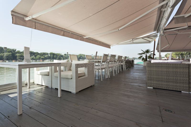 Modern Riverside Cafe Terrace in the Morning Stock Image - Image of ...