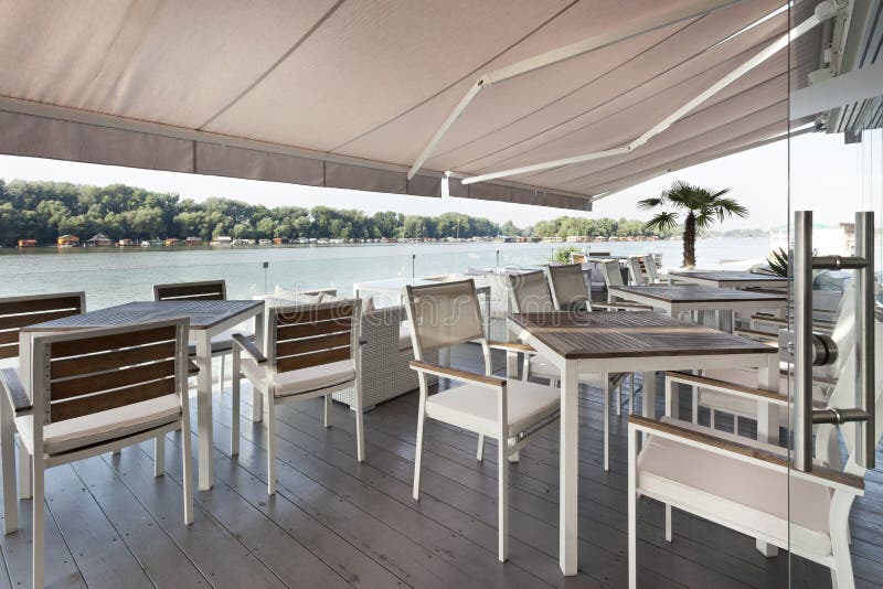 Modern Riverside Cafe Terrace in the Morning Stock Photo - Image of ...
