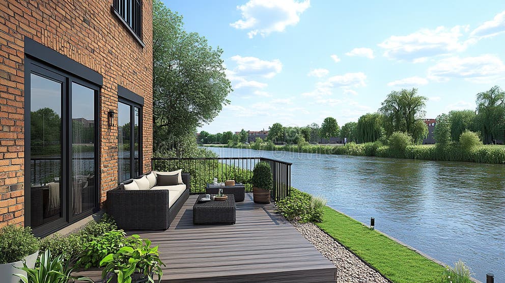Modern Riverside Patio with Brick House Stock Illustration ...
