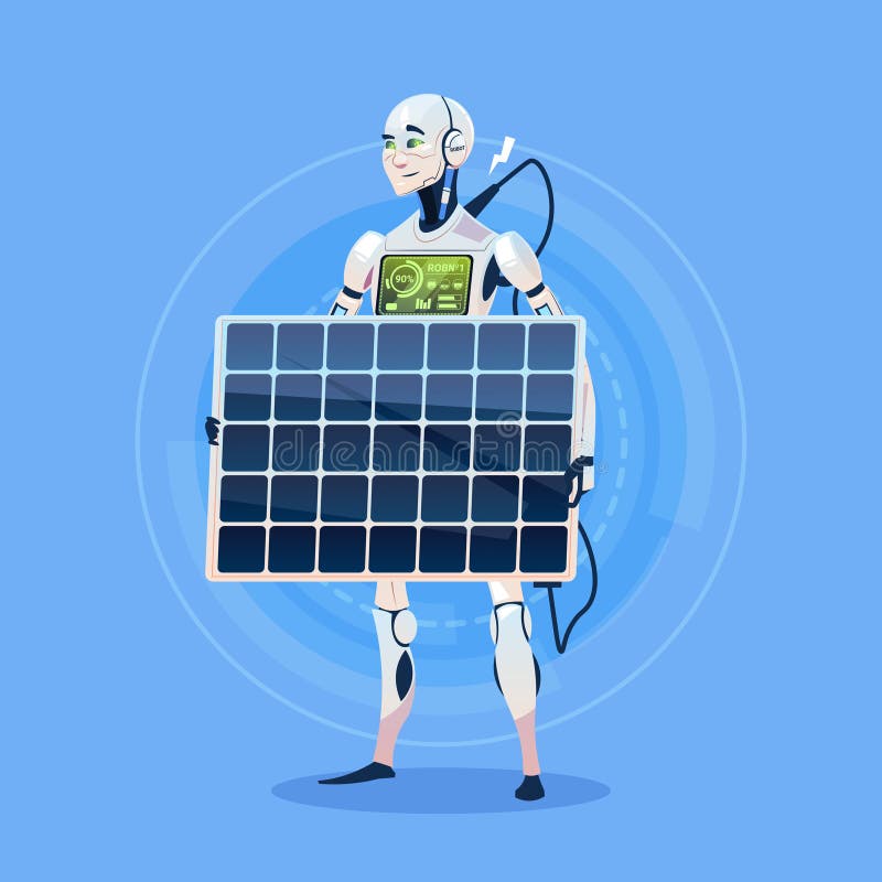 Modern Robot Charging Battery from Solar Panel Futuristic Artificial ...