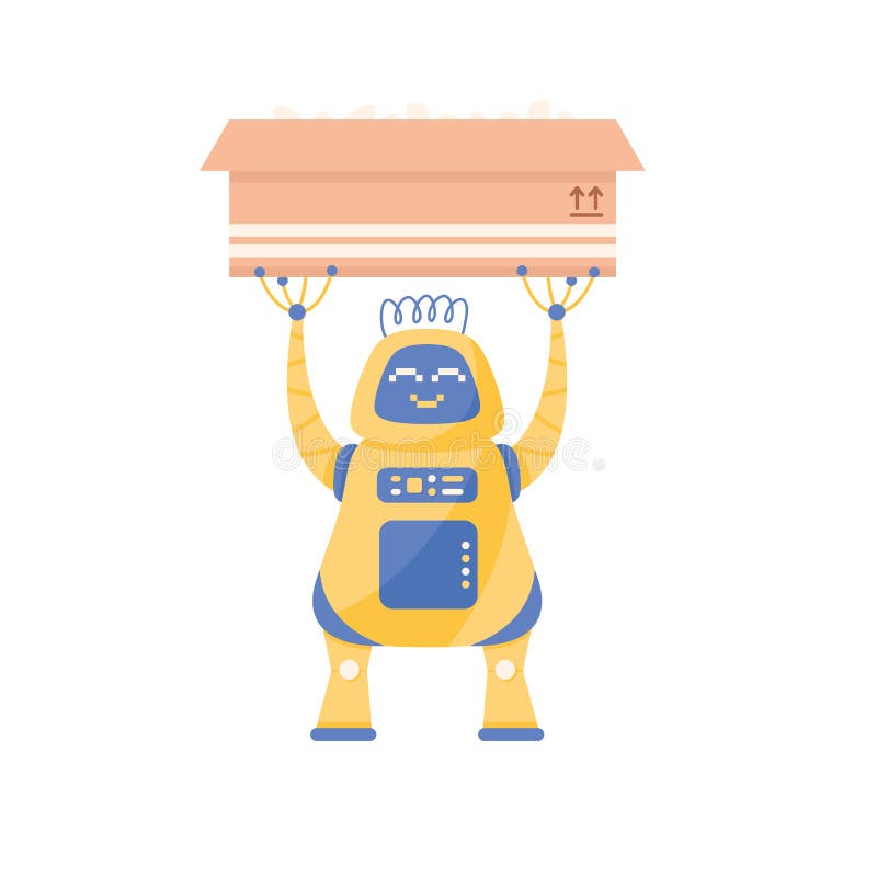 Modern Robot and Humanoid Bot with Smiling Face Holding Cardboard Box ...