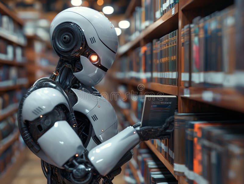Modern Robot in the Library Reads Books, AI Research of Robot and ... Modern Robot in the Library Reads Books, AI Research of Robot and ...